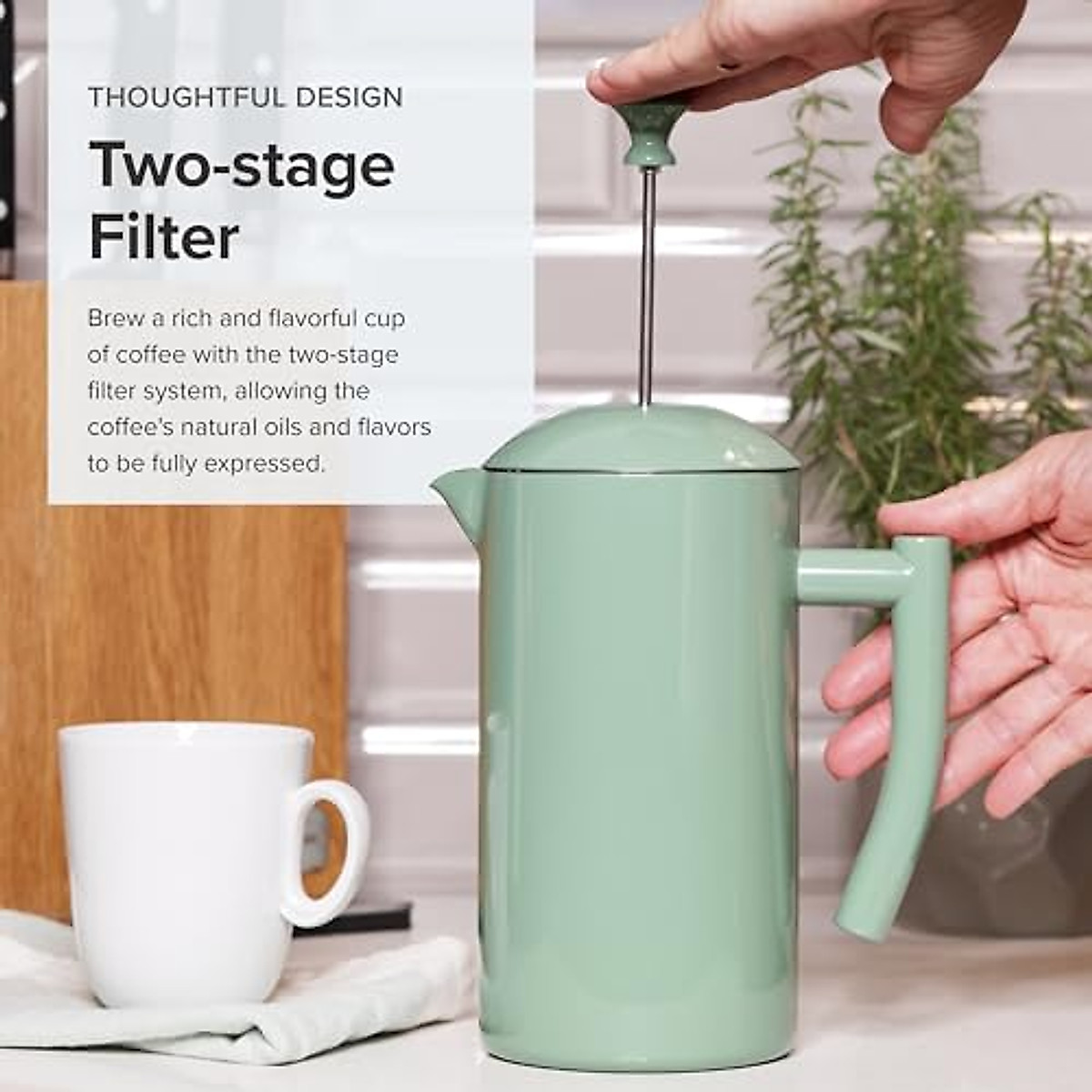 Frieling Double-Walled Stainless Steel French Press Coffee Maker, Dilly Bean Green, 34 fl oz.