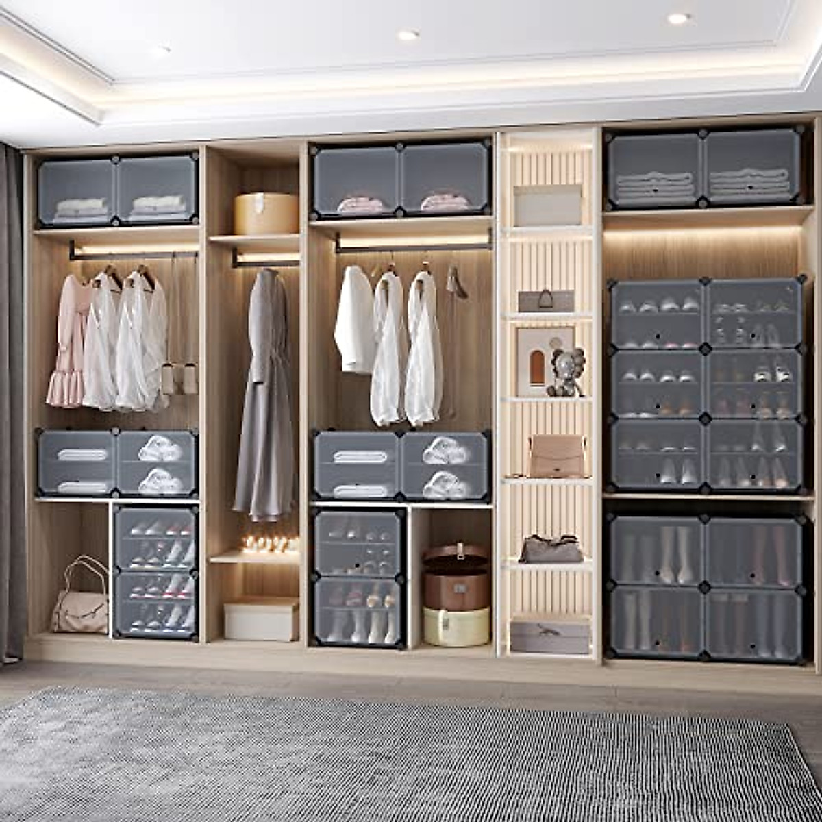 UNZIPE Shoe Rack, 8-Tier Shoe Storage Cabinet 16 Pairs Free Standing Shoe Racks Plastic Shoes Shelves DIY Cube Organizer for Closet Hallway Bedroom Entryway Garage, Dark Grey