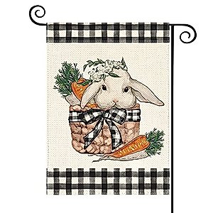AVOIN colorlife Easter Teacup Bunny Garden Flag 12x18 Inch Double Sided Outside, Buffalo Plaid Spring Dwarf Rabbit Yard Outdoor Decoration