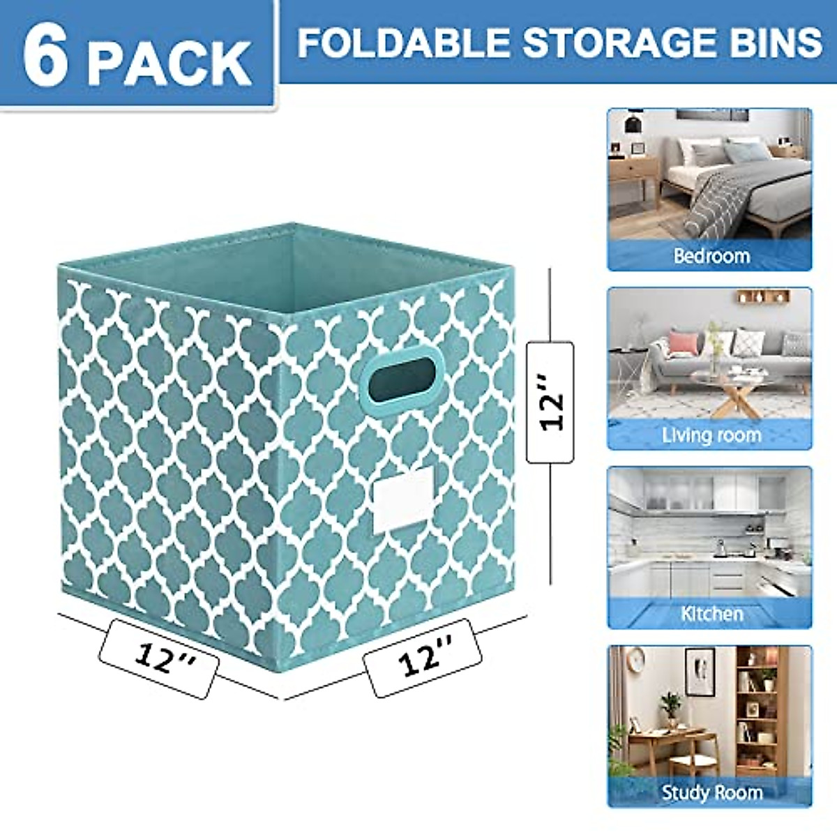 Homyfort Cube Storage Organizer Bins 12x12 - Fabric Storage Cubes Bin Foldable Baskets Square Box with Labels and Dual Plastic Handles for Shelf Closet, Nursery, Boys, Girls, Set of 6 (Teal Blue)