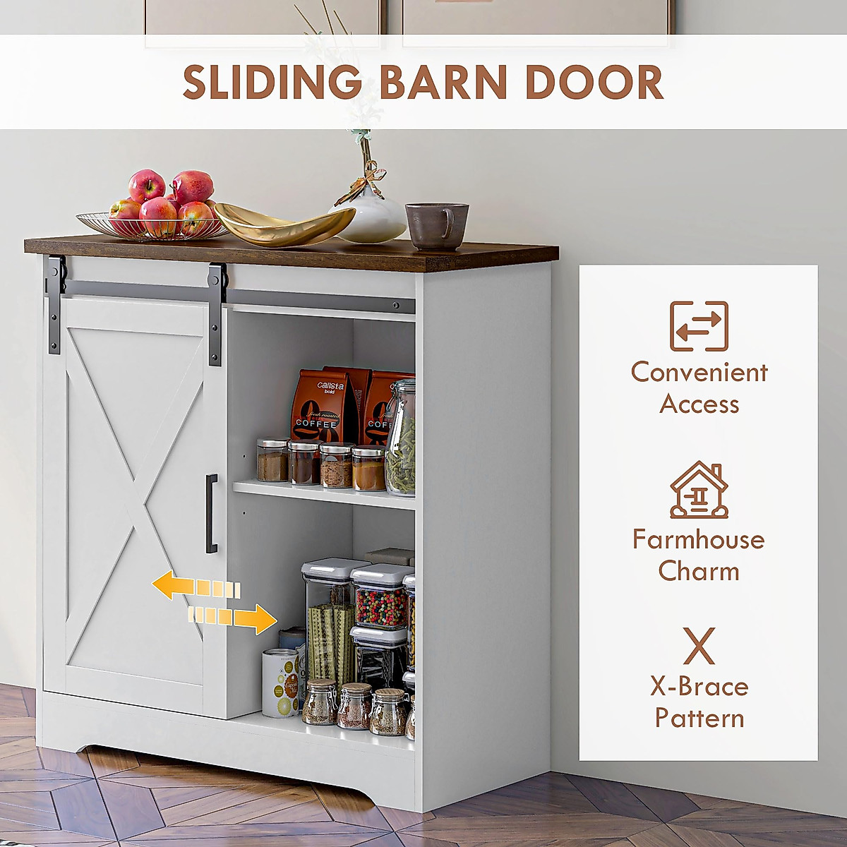 HOMCOM Farmhouse Coffee Bar Cabinet, 33" Buffet Sideboard with Sliding Barn Door and Adjustable Shelf, Kitchen Buffet Cabinet, White