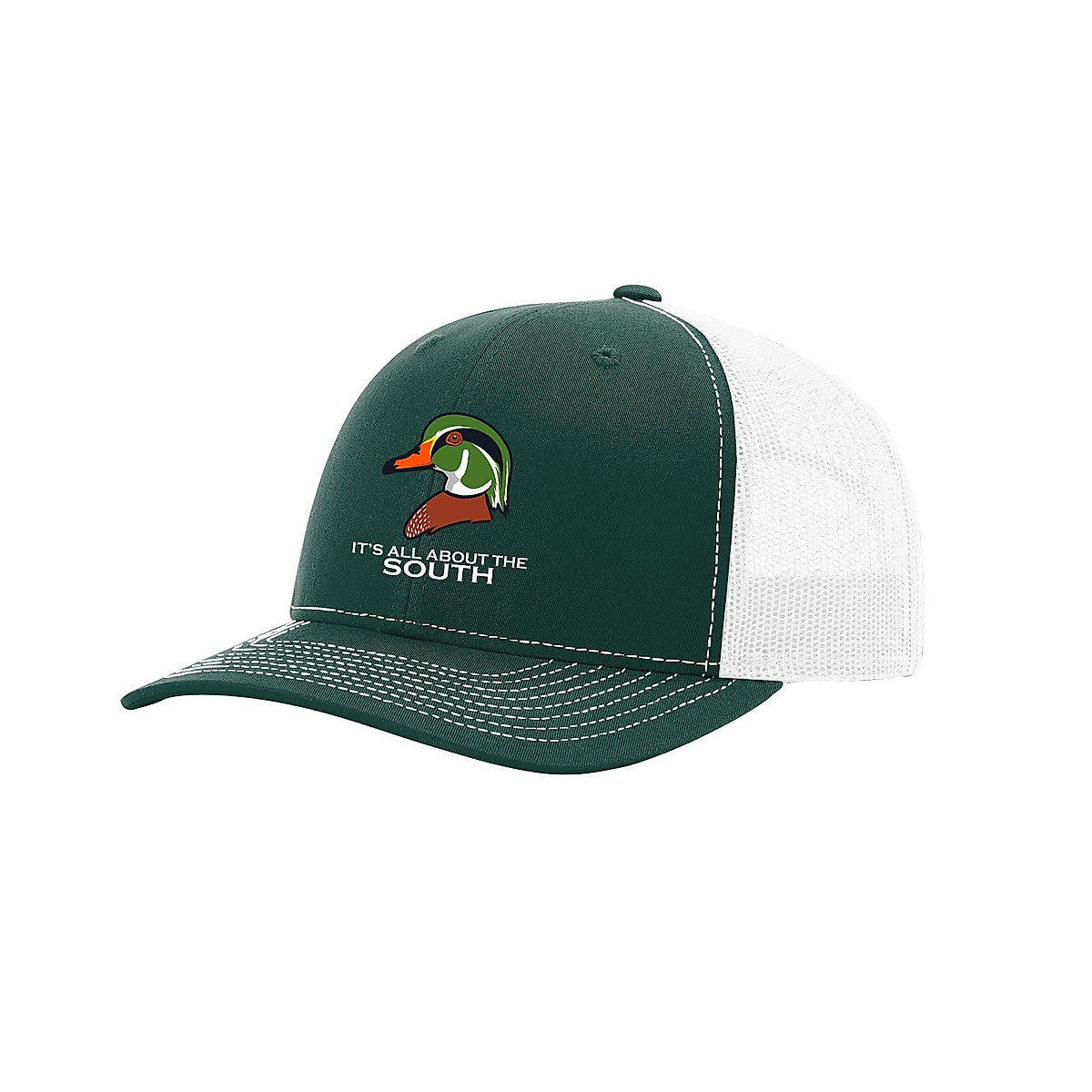 It's All About The South Wood Duck Mesh Back Trucker Hat-Forest Green/White
