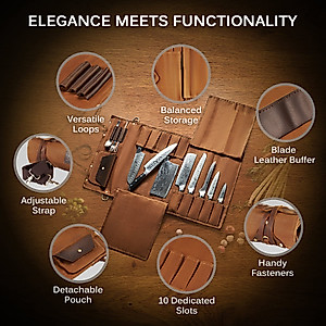 KYOKU Chef Knife Roll Bag, Kitchen Knife and Utensil Holder with 10 Slots 3 Cutlery Holders for Chef Knife Set, Oiled Leather and Waxed Canvas Knife Roll Up Travel Bag with Adjustable Strap, Brown