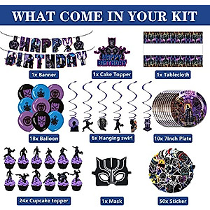 Black Party Supplies for Boys, Movies Theme Party Decorations Include Happy Birthday Banner, Hanging Swirls, Balloons, Cake Toppers, Cupcake Toppers, Sticker, Eye Mask, Tablecloth, Plate, Movies Themed Party Favor for Kids Fans