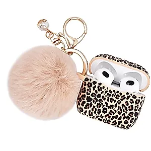 AirPods 3 Case AIRSPO Cute AirPods 3 Case Cover for AirPods 3 Leopard Printed AirPods 3rd Generation Protective Skin for Women, Girls with Pom Pom Fur Ball Keychain (Khaki/Cheetah)