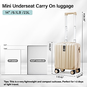 Hanke 14 Inch Underseat Carry On Luggage with Wheels Hard Shell Suitcases Carry On Bag Lightweight Small Mini Suitcase Tsa Luggage for Travel Christmas Gifts for Birthday（Cuba Sand）
