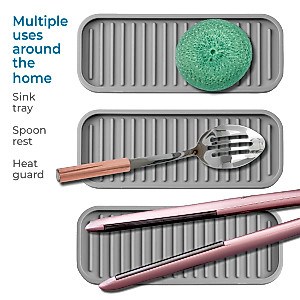 iDesign 63883 Lineo Silicone Kitchen Sink Tray for Sponges, Scrubbers, Soap, Stovetop Spoon Holder, 9" x 3.5" x 0.5", Gray