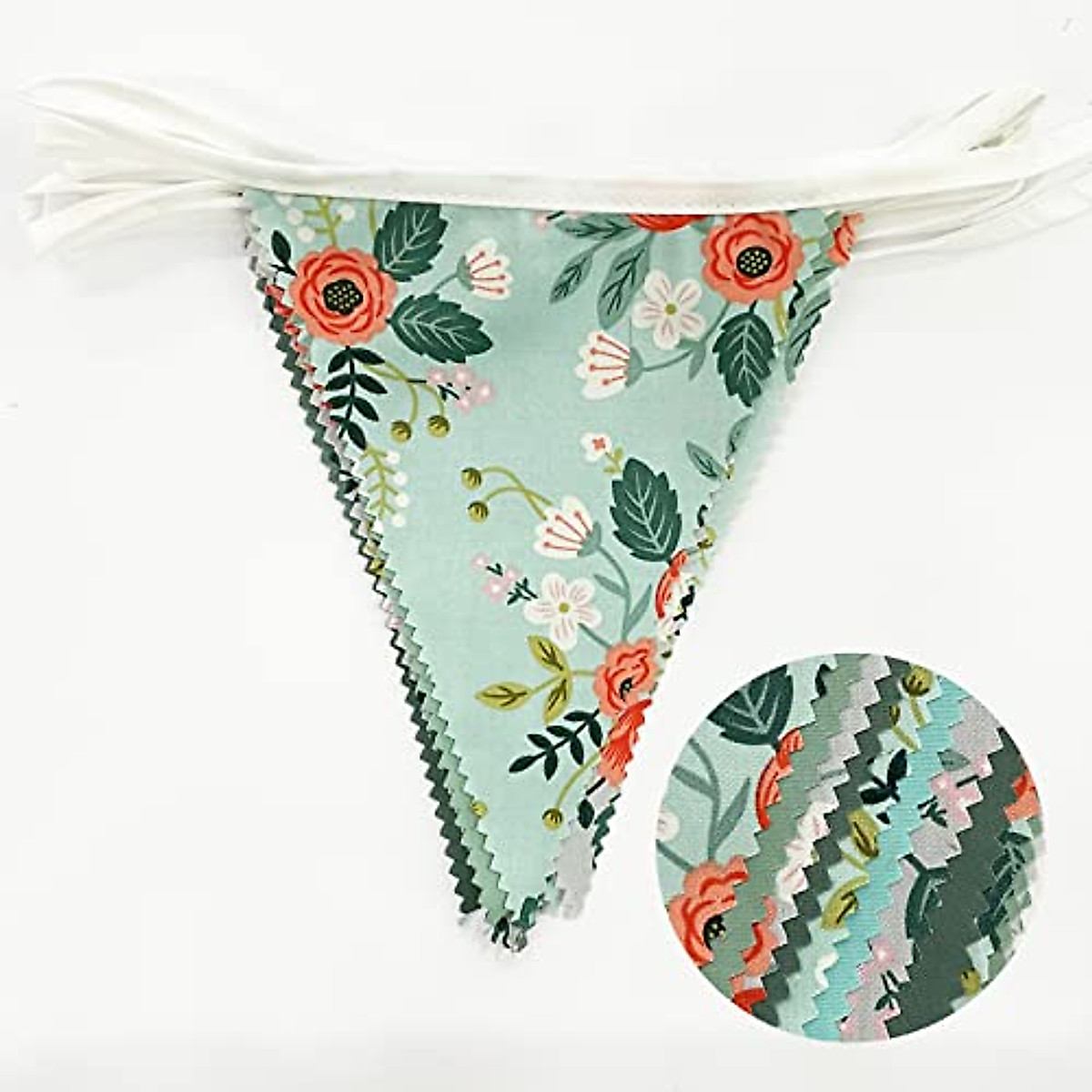 32Ft Dark Green Teal Blue Printed Flowers Flora Pennant Banner Fabric Triangle Flag Bunting Garland for Spring Summer Decor Birthday Party Wedding Home Outdoor Garden Hanging Decoration