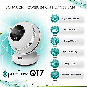 GreenTech Environmental pureFlow QT7 Bladeless Fan - Desk Fan for Bedroom, Home Office - Unique 90 Degree Vertical and Horizontal Oscillating Fan with Remote, Energy Efficient and Whisper Quiet