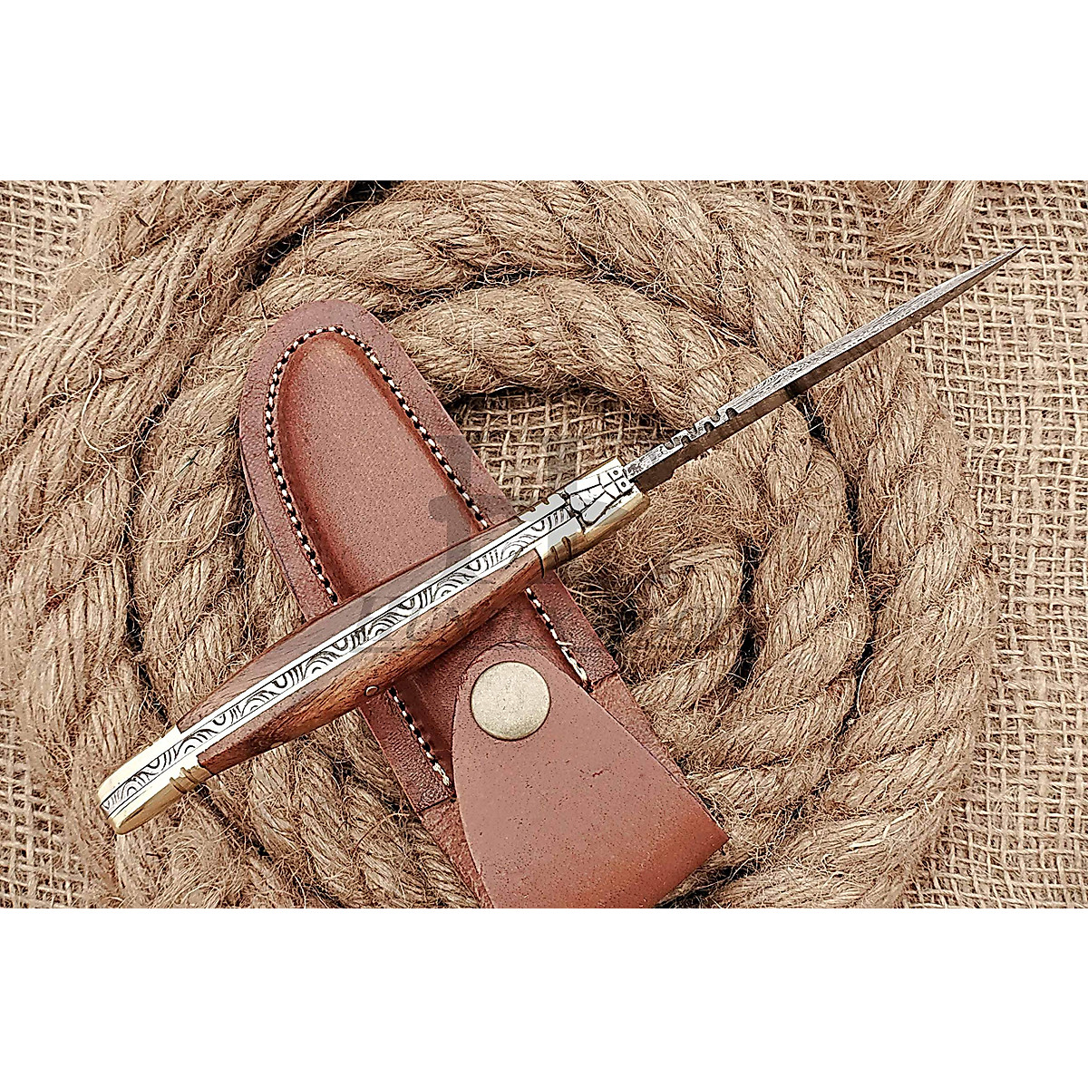 HUNTEX Custom Handmade Hand-Forged Twist Pattern Damascus Steel 4 Inch Long Natural Rosewood Handle Razor Sharp Hunting Camping Folding Pocket French Lagouli Knife with Genuine Leather Pouch