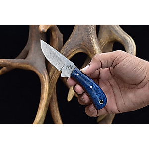 Knives Ranch Handmade Damascus Steel Full Tang 5-1/2" Cowboy Style Dandy Knife with Blue Dyed Cattle Bone Handle and Horizontal Carrying Crossdraw Sheath Snug Fit (2006-BLU)