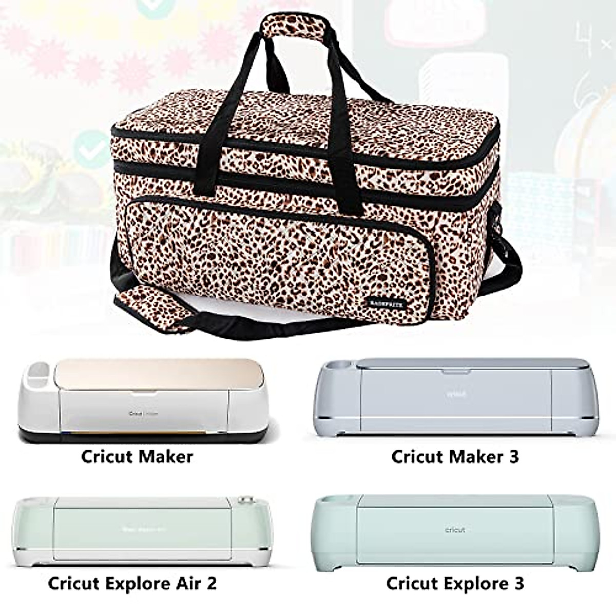 BAGSPRITE Double-Layer Carrying Case Compatible with Cricut Explore Air, Air 2, Maker and Maker 3, Cricut Case with Mat Pockets and Cricut Accessories Storage (Leopard)
