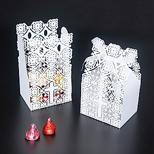 JOLALIA Baptism Cross Favor Boxes 50pcs,Laser Cut Candy Gift Box With Ribbons for Baptism, Christening Party, First Communion Baby Shower Wedding Party Bomboniere Decoration (2.9" x2.36" x3.14")