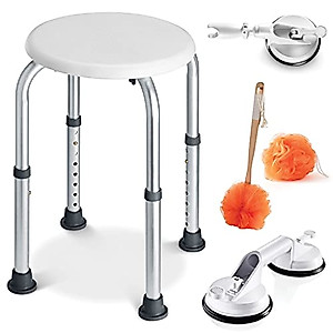 Shower Chair Set of 5 Includes Suction Grab Bar & Suction Cup Shower Head Holder & Back Scrubber & Additional Sponge Tool Free Shower Chair with 8 Adjustable Heights Portable Bath Chair for Elderly
