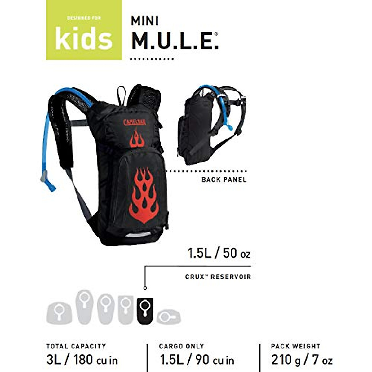 CamelBak Mini M.U.L.E. Kids Hydration Backpack for Hiking and Biking - 50oz, Black/Flames