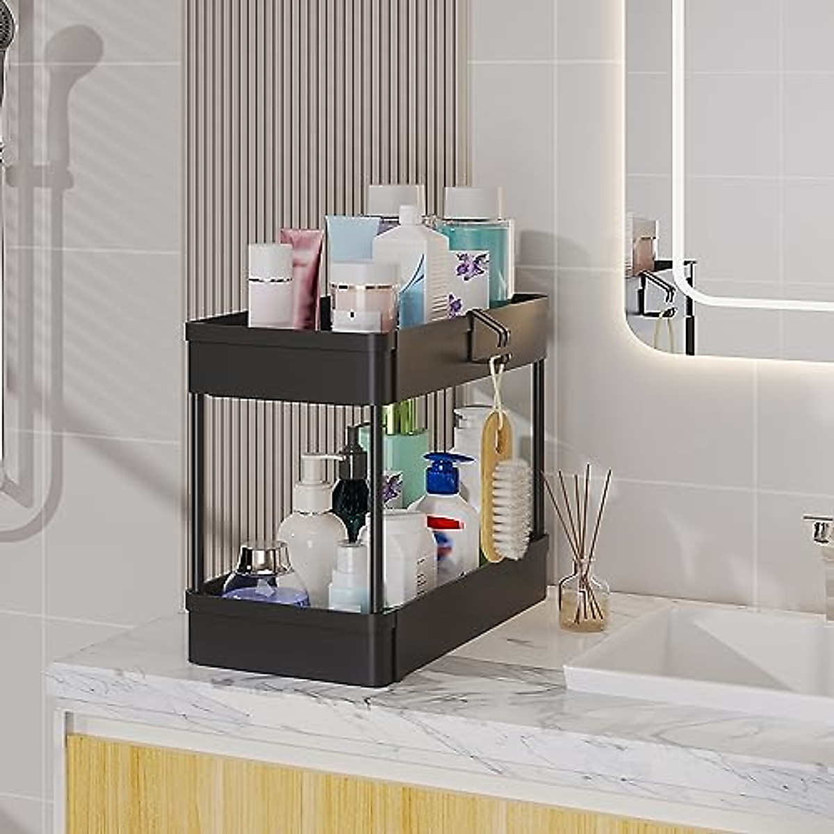 Boeeoan Under Sink Organizers Storage Rack, 2 Tier Under Bathroom Cabinet Shelf Basket, Multi-Purpose Storage Cart with Hooks for Kitchen Bathroom Bedroom Livingroom, Black