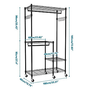 tonchean Rolling Wire Garment Rack Heavy Duty Clothes Rack for Hanging Clothes Freestanding Clothing Rack Closet Wardrobe Rack with Shelves and Wheels