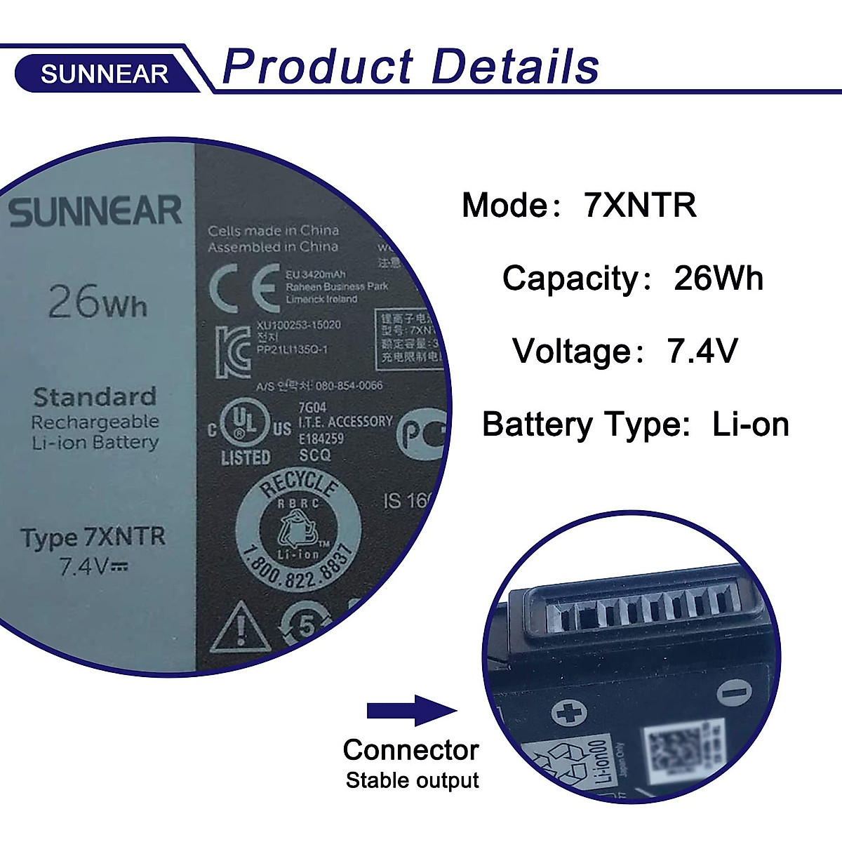 SUNNEAR 7XNTR Laptop Battery Compatible with Dell Latitude 12 7202 7212 Rugged Extreme Tablet Series Notebook J7HTX 07XNTR FH8RW 0FH8RW 7.4V 26Wh 3420mAh 2-Cell