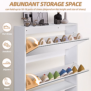 Shoe Storage Cabinet for Entryway Slim, White Wood Shoe Rack Organizer with 4 Flip Mirror Drawers, Freestanding Modern Narrow Shoes Storage Cabinet, Apartment, Living Room