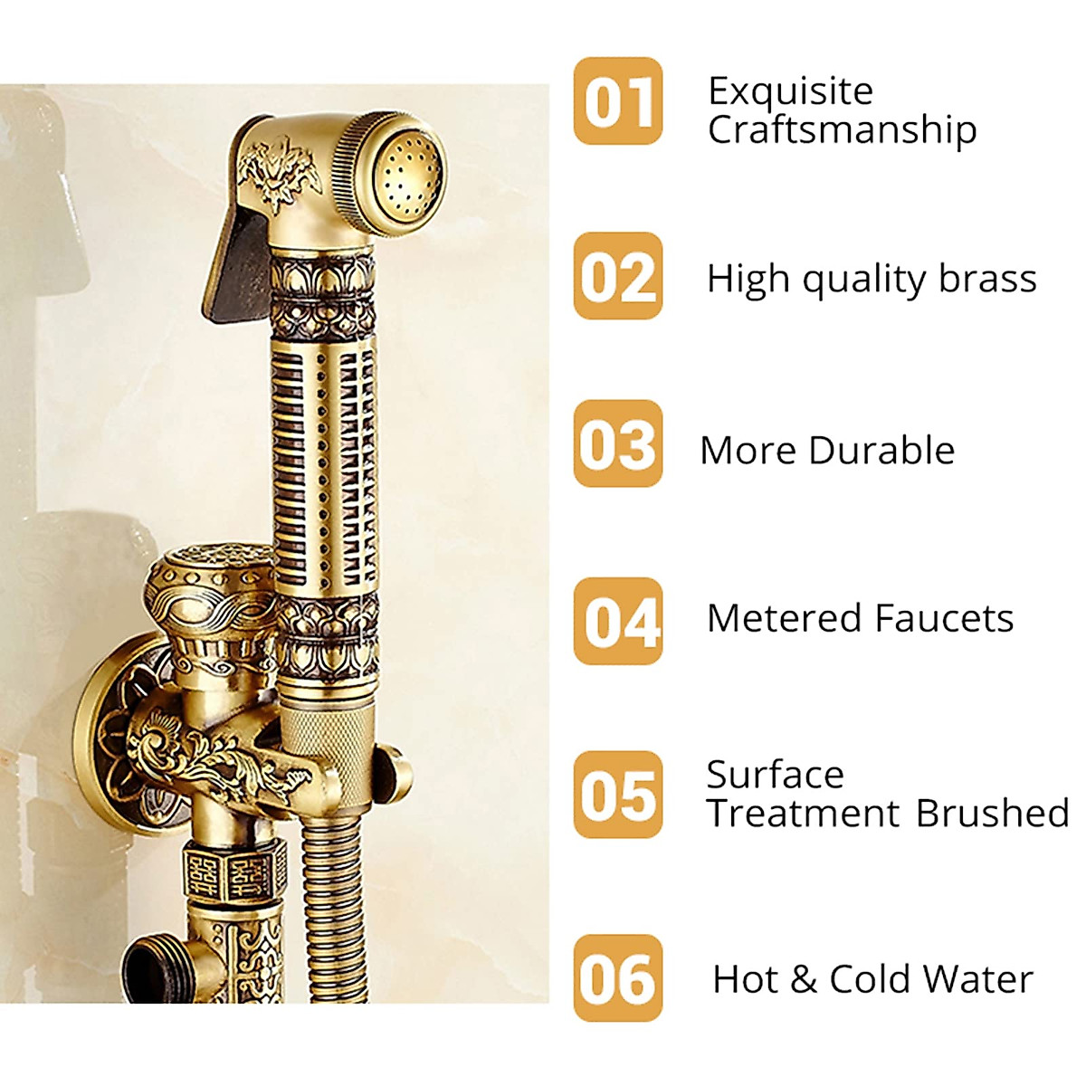 TVBNHU Handheld Toilet Bidet Sprayer, Antique Brass Bathroom Bidet Attachment Set, Wall Mounted Handheld Cloth Diaper Sprayer Kit, Single Cold Bidet Faucet,A