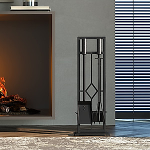 Fire Beauty 5 Pieces Fireplace Tools Set Wrought Iron Fire Place Pit Poker Holder(Black)