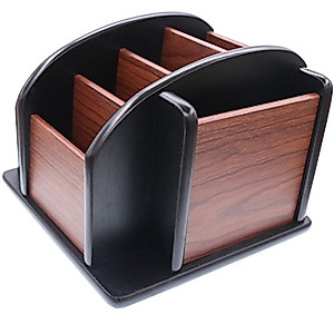 Coideal Wooden Large Spinning Remote Controls Holder Caddy for Table, Rotating Office Supplies Desk Storage Organizer Revolving Wood Pen Pencil Holder (6 Compartments, Brown & Black)