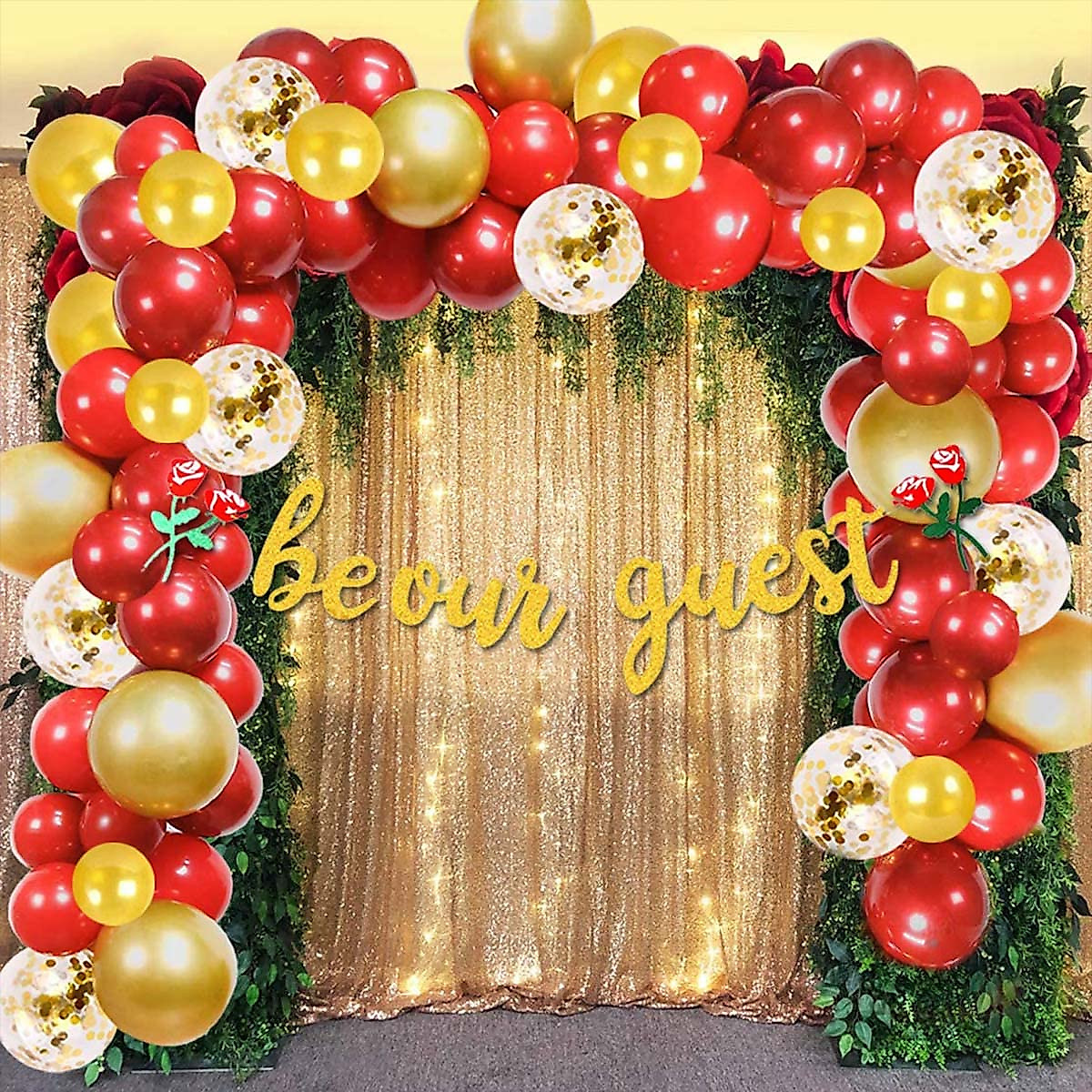 Be Our Guest Party Decoration Banner, Beauty and the Beast Birthday Party Balloon Garland Arch Red and Gold for Bachelorete Party Baby Shower Wedding Engagement Party Housewarming Decorations