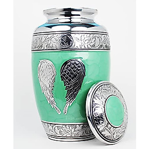 Wood Carving International Angel Wings Urns for Ashes - Decorative Human Adult- Burial cremated remains Funeral Urn Cremation Adult Male & Female with Velvet Bag (Green), Large