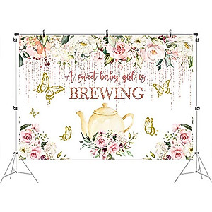 Ticuenicoa A Baby is Brewing Baby Shower Backdrop for Photography Teapot Butterfly Floral Babyshower Background Newborn Kids 1st Birthday Party Backdrops Cake Table Banner Photo Booth Props 5x3ft
