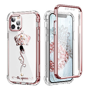 SURITCH Compatible with iPhone 12/iPhone 12 Pro Clear Case 6.1 Inch,[Built in Screen Protector] Luxury Crown Sparkle Diamond Bling Crystals Full Body Rugged Cover for Girls Women (Rose Gold)