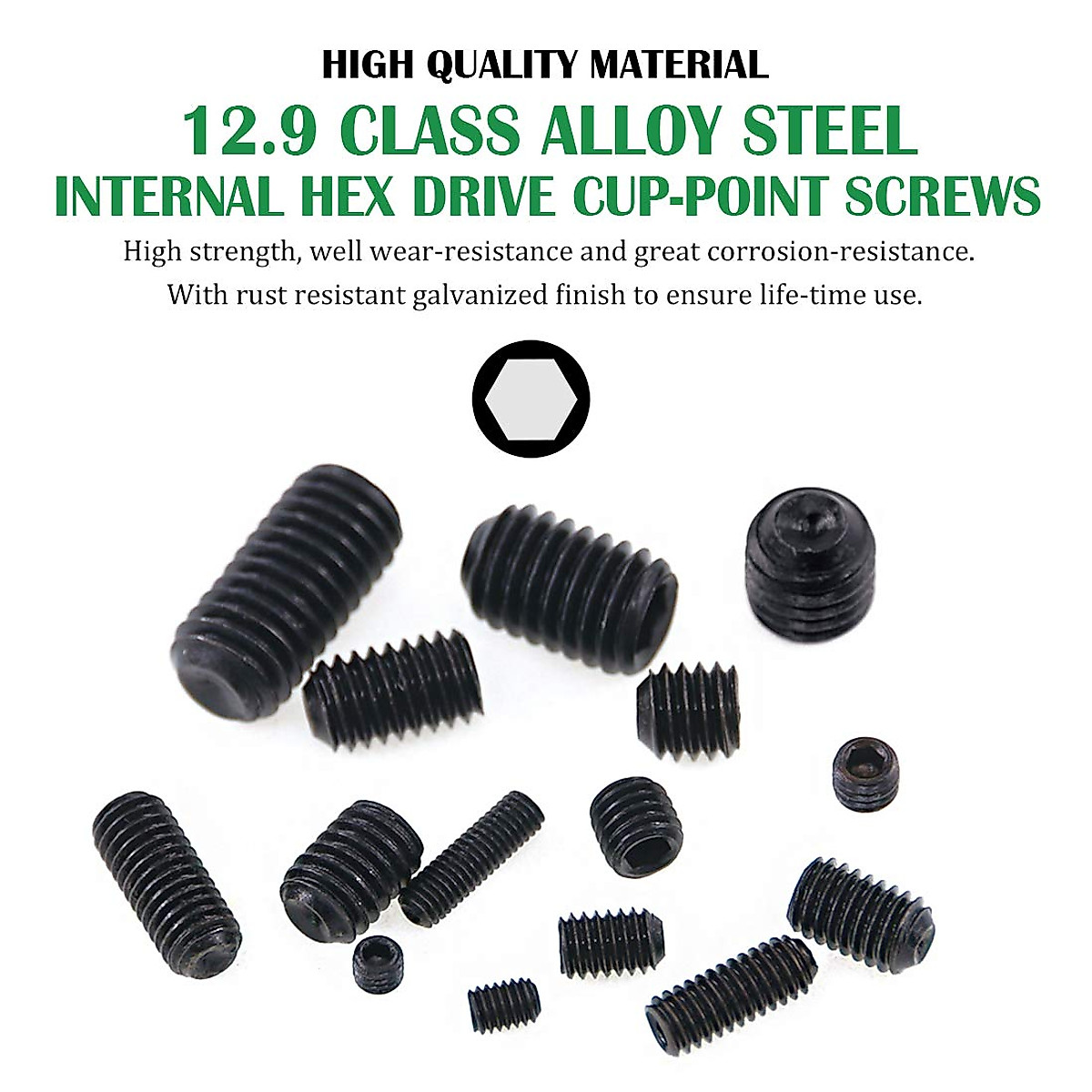 Keadic 450Pcs Internal Hex Drive Cup-Point Screws Assortment Kit, 15 Sizes Alloy Steel Hex Socket Set Cap Point Grub Screws, Socket Head Cap Screws Grub Screws, Metric, Black (M3 M4 M5 M6 M8)