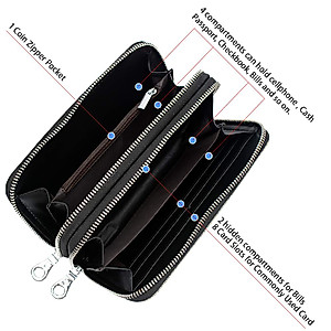 GENTFOX Women's Wallet RFID Blocking Leather Double Zipper Cellphone Wallet Long Purse with Removable Wrist Strap