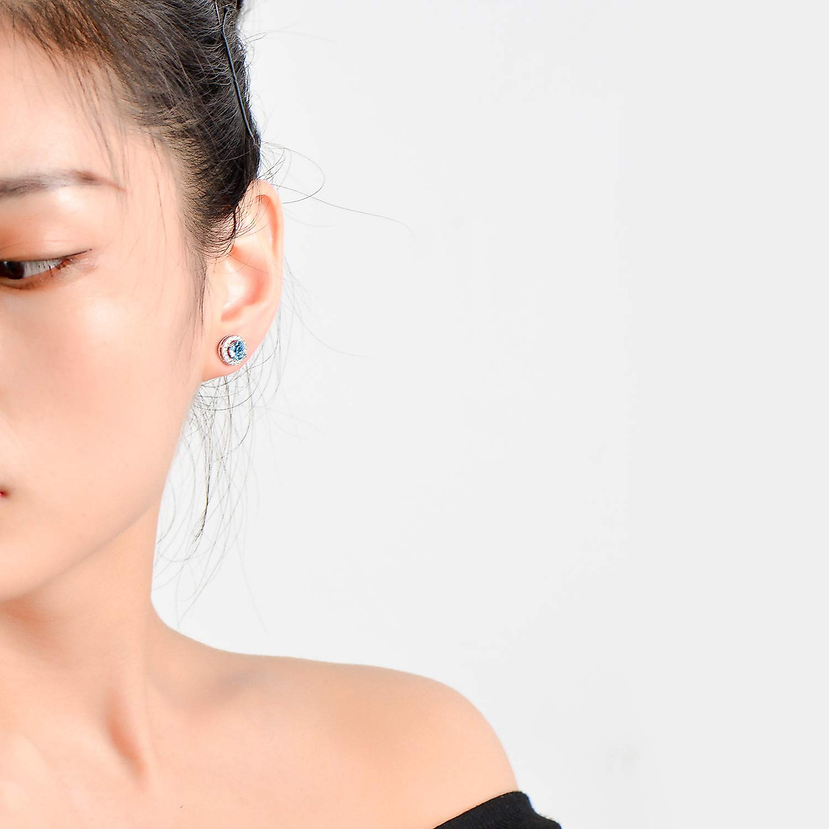 AOBOCO Sterling Silver Halo Earrings Stud Earrings for Women, Simulated Aquamarine Birthstone Crystals from Austria, Blue Wedding Gifts Earrings for Bride Anniversary Birthday Jewelry for Wife