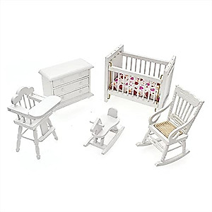 White Wooden Nursery Bedroom (5pcs) 1:12 Scale Dollhouse Furniture,Non-Toxic Paint