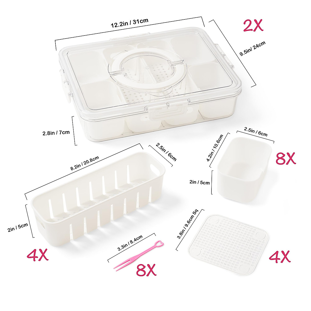 Gorgania 2 Pack Divided Serving Tray with Lid and Handle, Travel Snack Box Charcuterie Container for Portable Snack Platter, 8+4 Compartments Stackable Clear Snack Tray for Veggie, Candy, Nuts