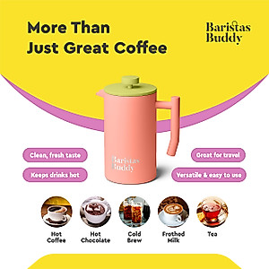 BaristasBuddy Cute Pink French Press Coffee Maker - Colorful, Retro And Stylish Insulated Coffee Brewer - Large Size Brews 4 Cups