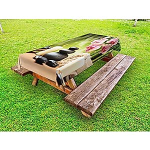 Lunarable Peace Outdoor Tablecloth, Basalt Stones Bamboo Scented Candles Flowers and Blurred Background Meditation Print, Decorative Washable Picnic Table Cloth, 58" X 84", Multicolor