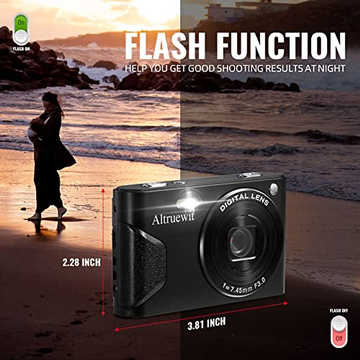48MP Kids Digital Camera for Kids,Teens,Beginners,Adults, Compact 16X Zoom 4K Mini Digital Photo Camera Compact Students Video Camera with Macro -Altruewit(Black)