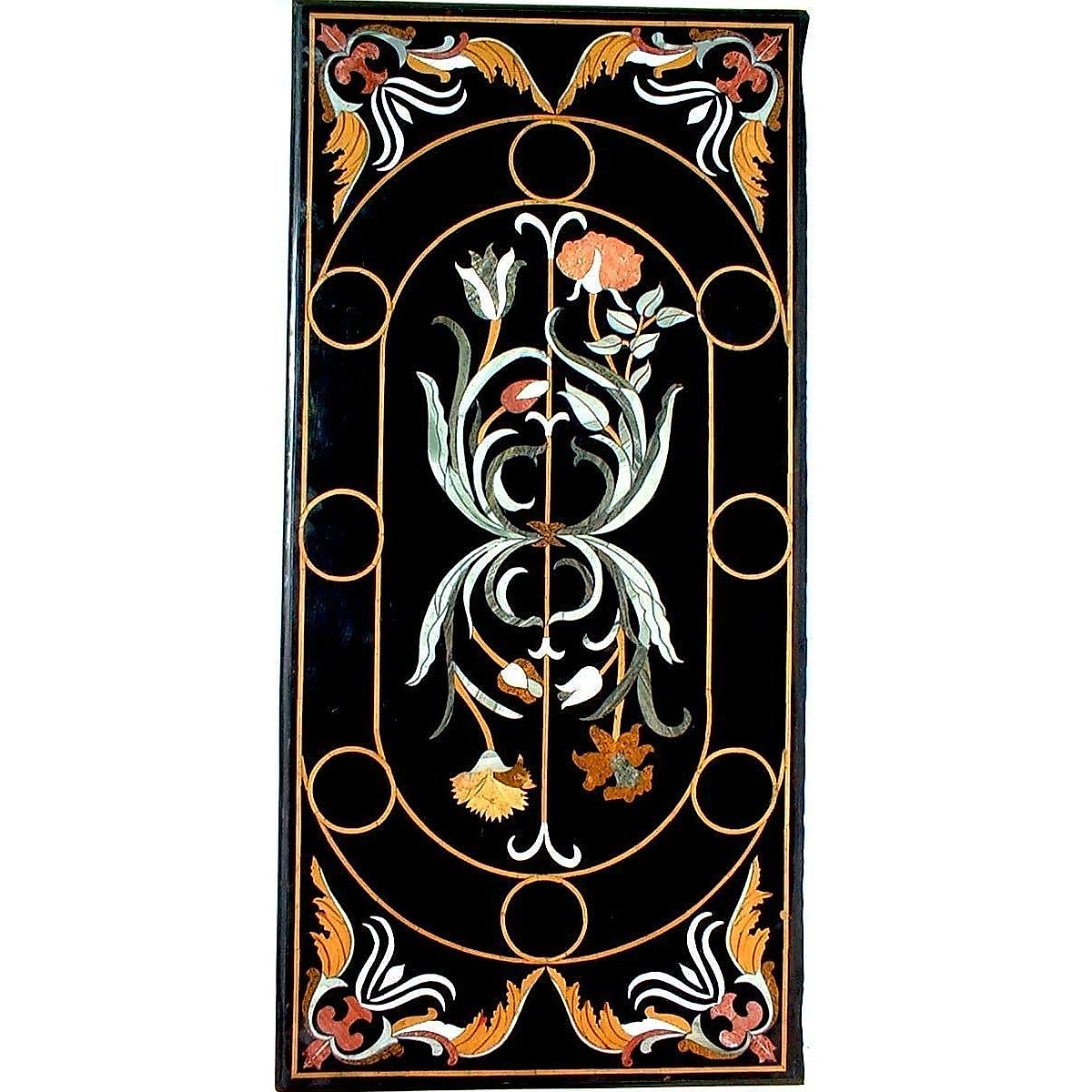Pietra Dura Natural Black Marble 48" x 24" Inch Rectangular Dining Table Top, Stone Inlay Breakfast Table Top, Centre Table Top, Marble Outdoor Garden Table Top, Piece Of Conversation, Family HeirLoom