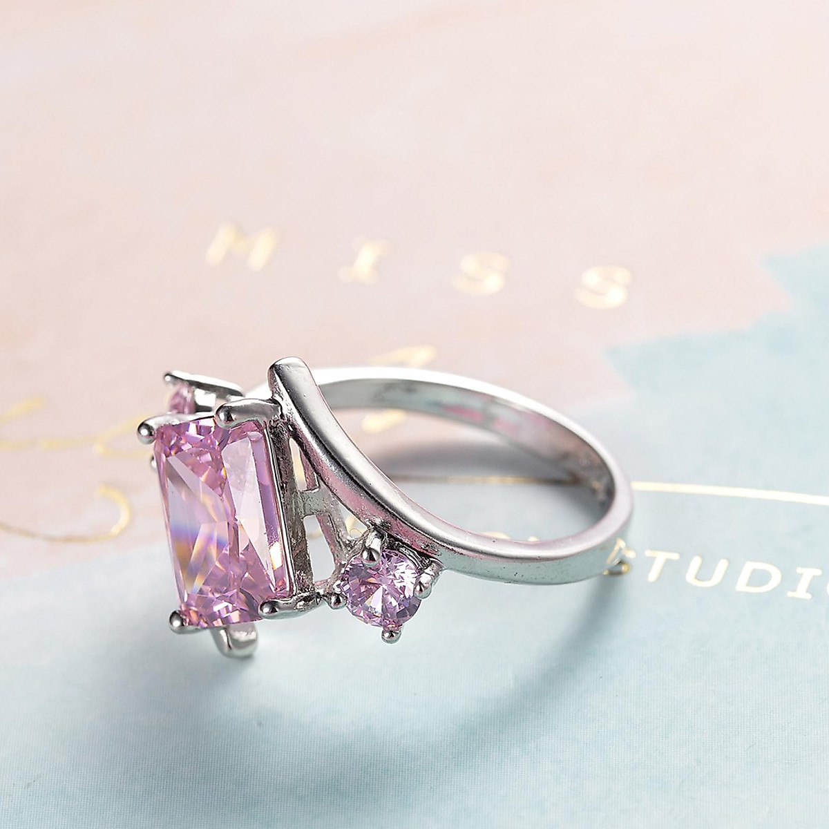 Merthus 5x7mm Radiant Cut Simulated Pink Topaz 925 Sterling Silver Bypass Geometric Ring for Women Size 9