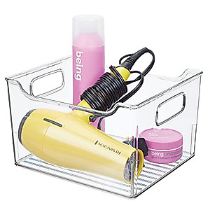 mDesign Large Deep Plastic Storage Bin with Handle for Bathroom/Vanity Organization - Countertop Makeup Organizer - Organization for Shelf, Cabinet, and Closet Decor - Ligne Collection, 4 Pack, Clear