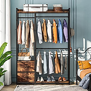 Tribesigns 86 inches Tall Freestanding Closet Organizer with Shelves and 2 Fabric Drawers, Heavy Duty Clothes Rack with 3 Hanging Rods, Garment Rack for Hanging Clothes,47.2" W x 15.7" Dx 86.6" H