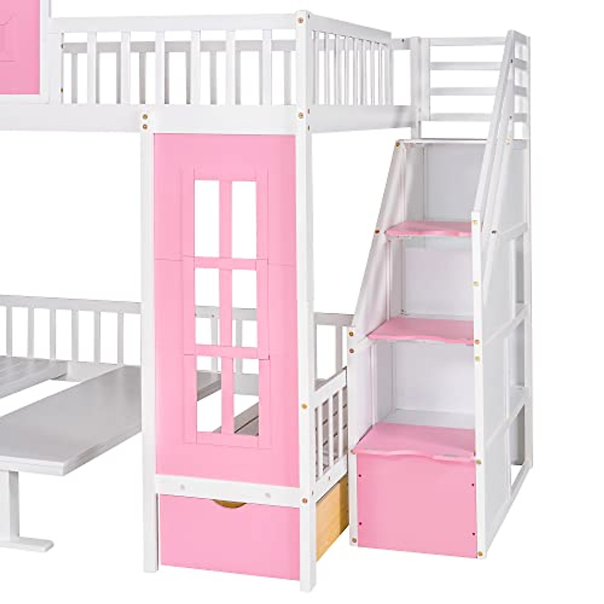 Polibi Full-Over-Full Bunk Bed with Storage Staircase and Changeable Table, Full Bunk Bed Turn into Upper Bed and Down Desk with 2 Drawers, Pink