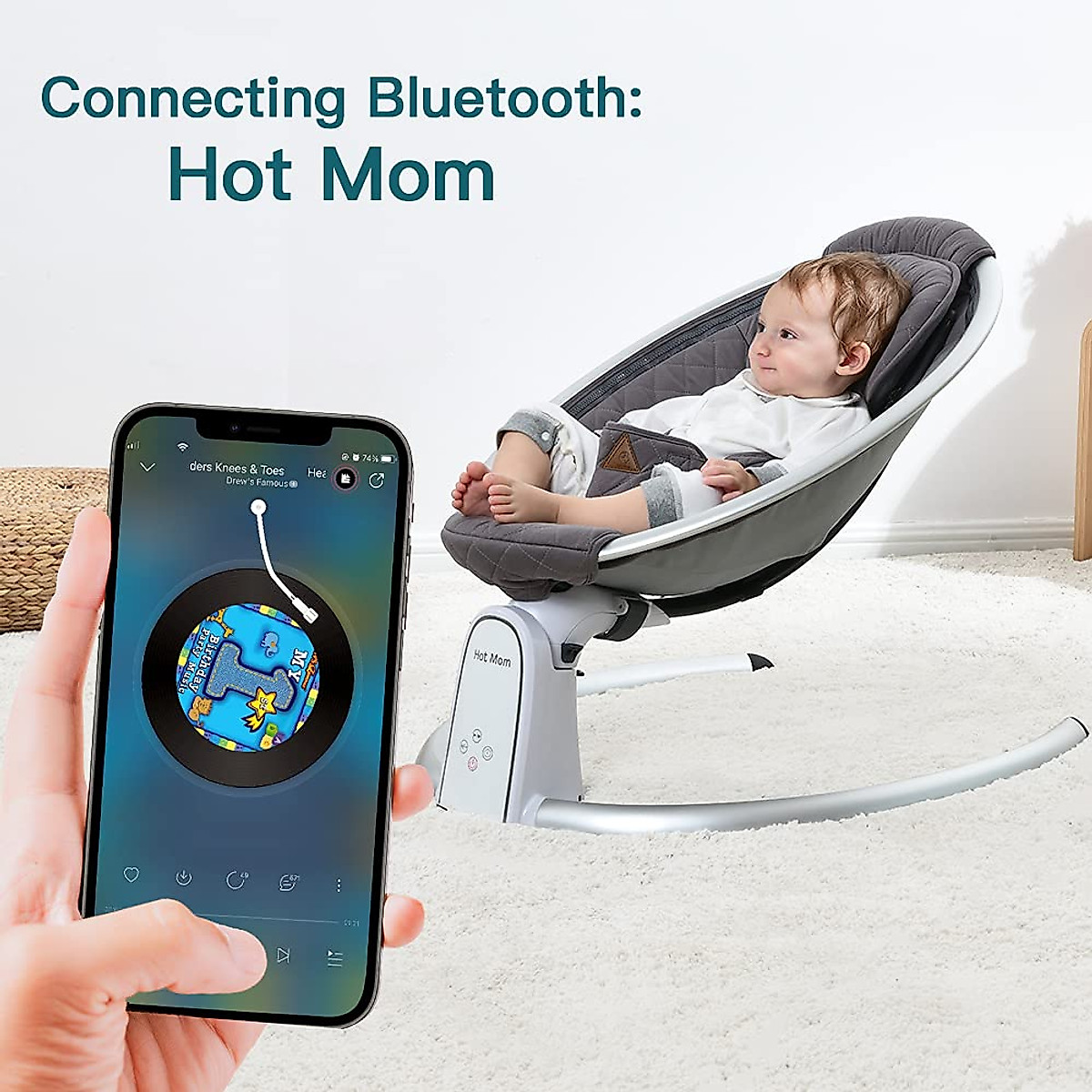 Hot Mom NEW Baby Swing Bluetooth and Intelligence Timing Electric Baby Rocker Multiple Gears Seat Adjustment & Baby Chair(Dark Grey)