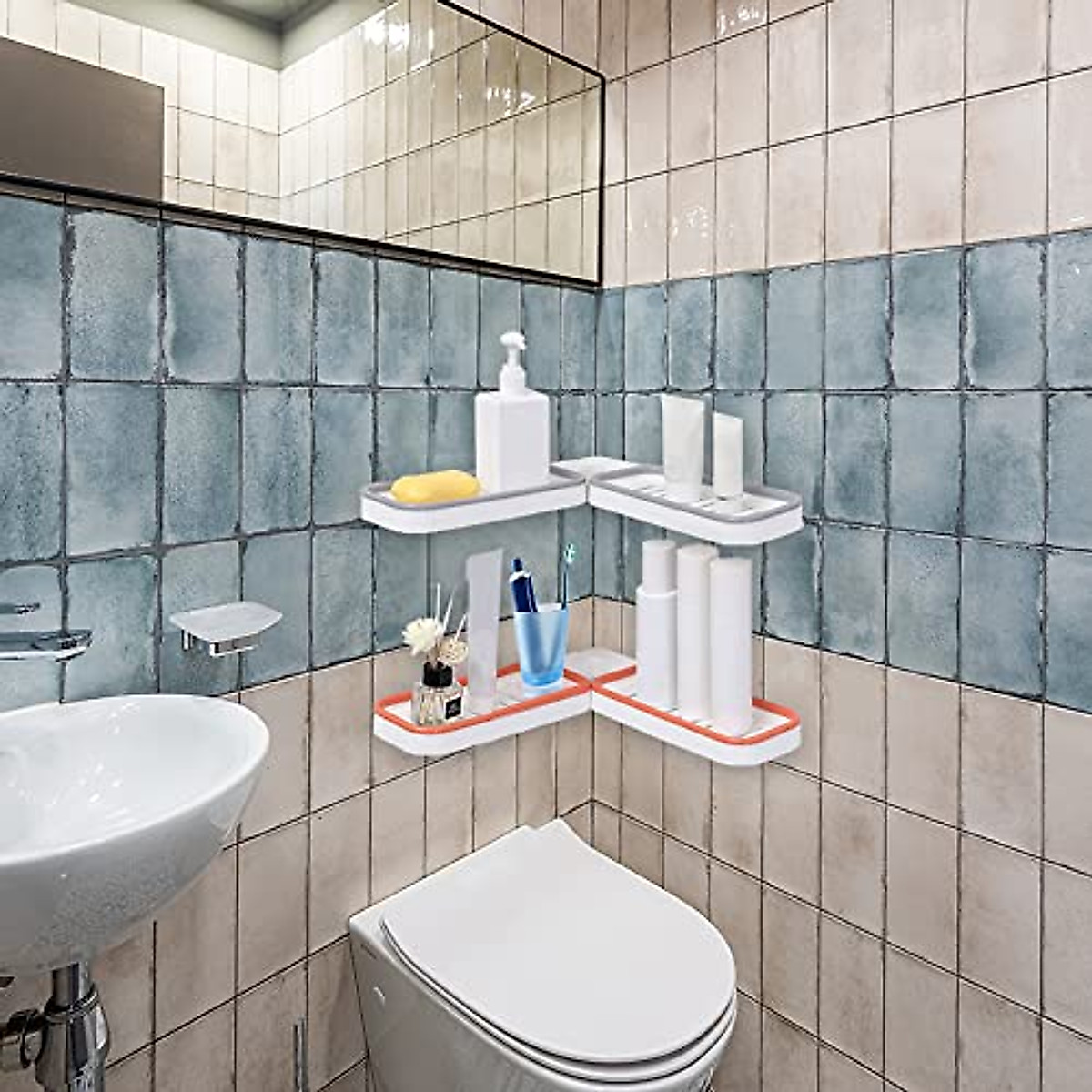 Foldable Corner Shower Caddy, No Drilling Self Adhesive Shower Organizer, Wall Mounted Bath Shelf, Shower Storage Rack for Bathroom, Kitchen, Living Room (Grey)