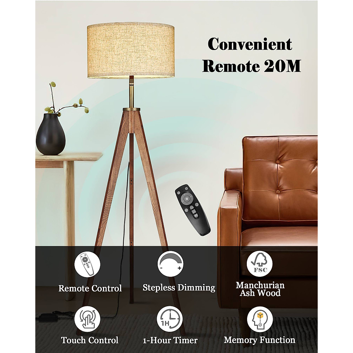 ELYONA Tripod Floor Lamp with Remote for Bedroom, Solid Ash Wood, Stepless Dimmer & Color Temperature LED Bulb Included, Mid Century Modern Touch Control Standing Light for Living Room, Brown