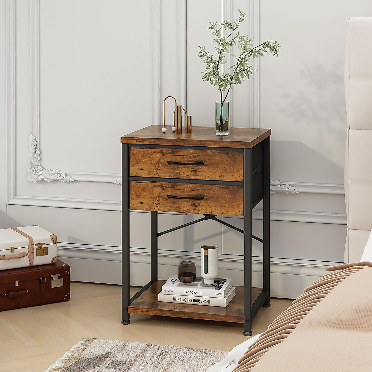 TigerDad Tall Nightstand with 2 Fabric Drawers, End Table with Storage Shelves, Bedside Table for Bedroom, Living Room, Small Space, Set of 2, Rustic Brown