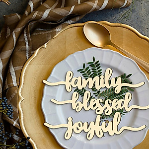12 Pieces Christmas Thankful Blessed Merry Joyful Peace Family Wood Cutout Rustic Thankful Plate Letter Sign Decor Inspirational Letter Wood Sign for Home Table Plates Table