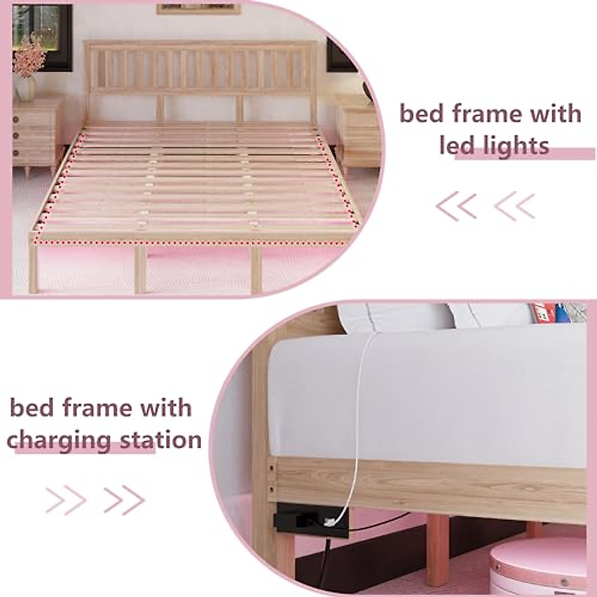 Natural Solid Rubber Wood King Bed Frame with Outlets, Platform Bed with Wooden Headboard and Slats, No Box Spring Needed, Easy Assembly, King Size