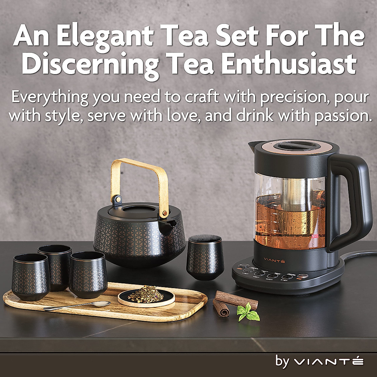 Vianté Luxury Tea Party Set. Complete with Automatic Tea Maker with Infuser for loose tea bags. Ceramic serving set. Tea pot/cup set and wooden tray. Excellent gift for tea lovers.